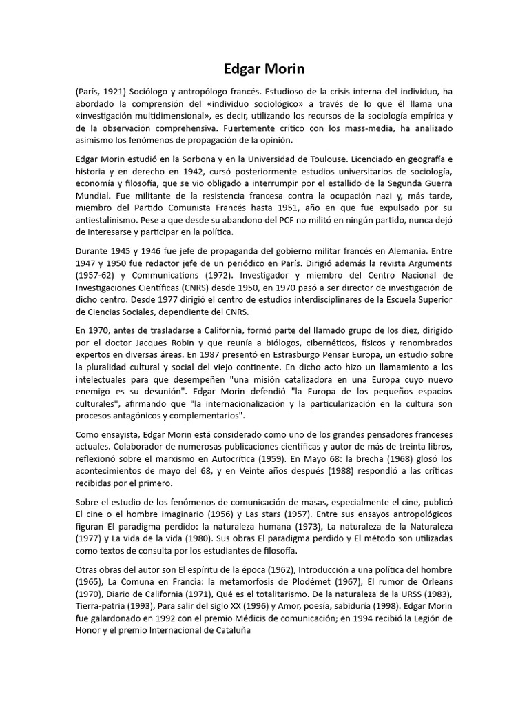 Biografía Edgar Morin | PDF | Sociología | Educación en artes liberales