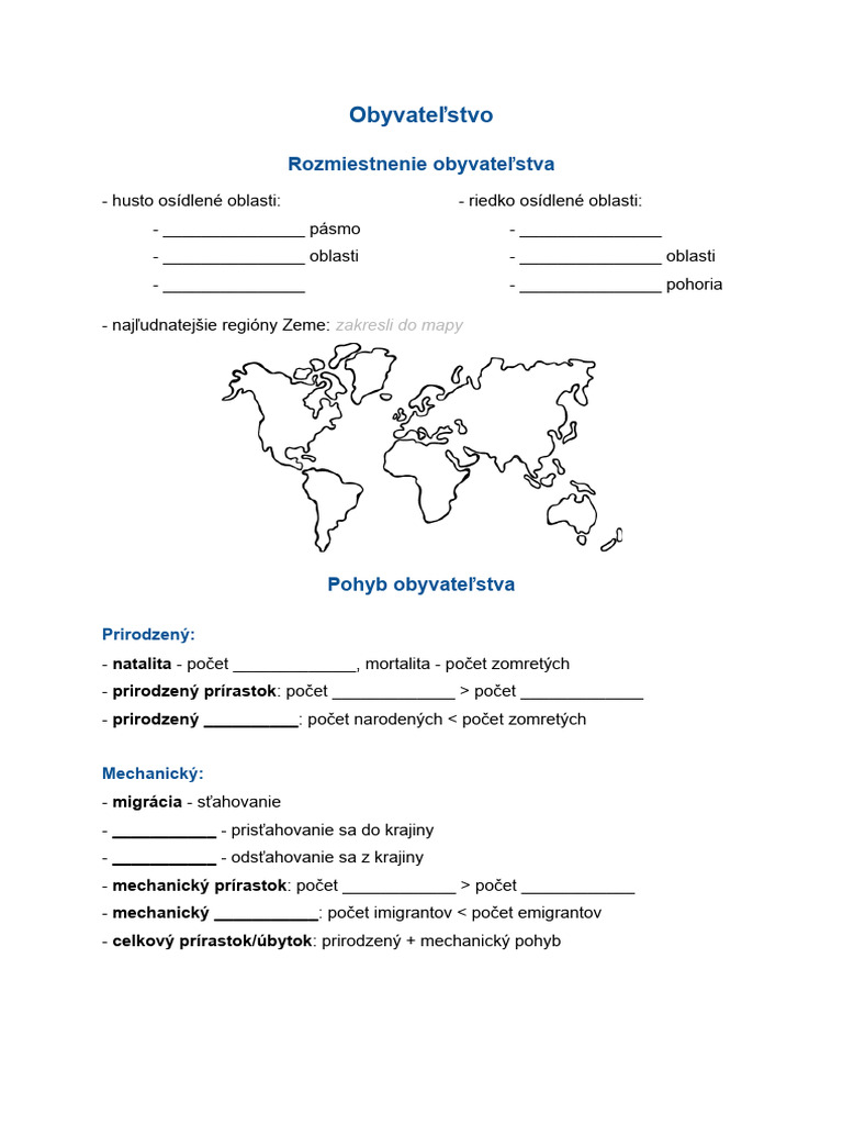 Obyvateľstvo - Pracovné Listy | PDF