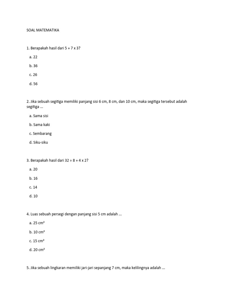 Soal Pilgan - Matematika | PDF | Metode & Bahan Ajar | Gaya Hidup