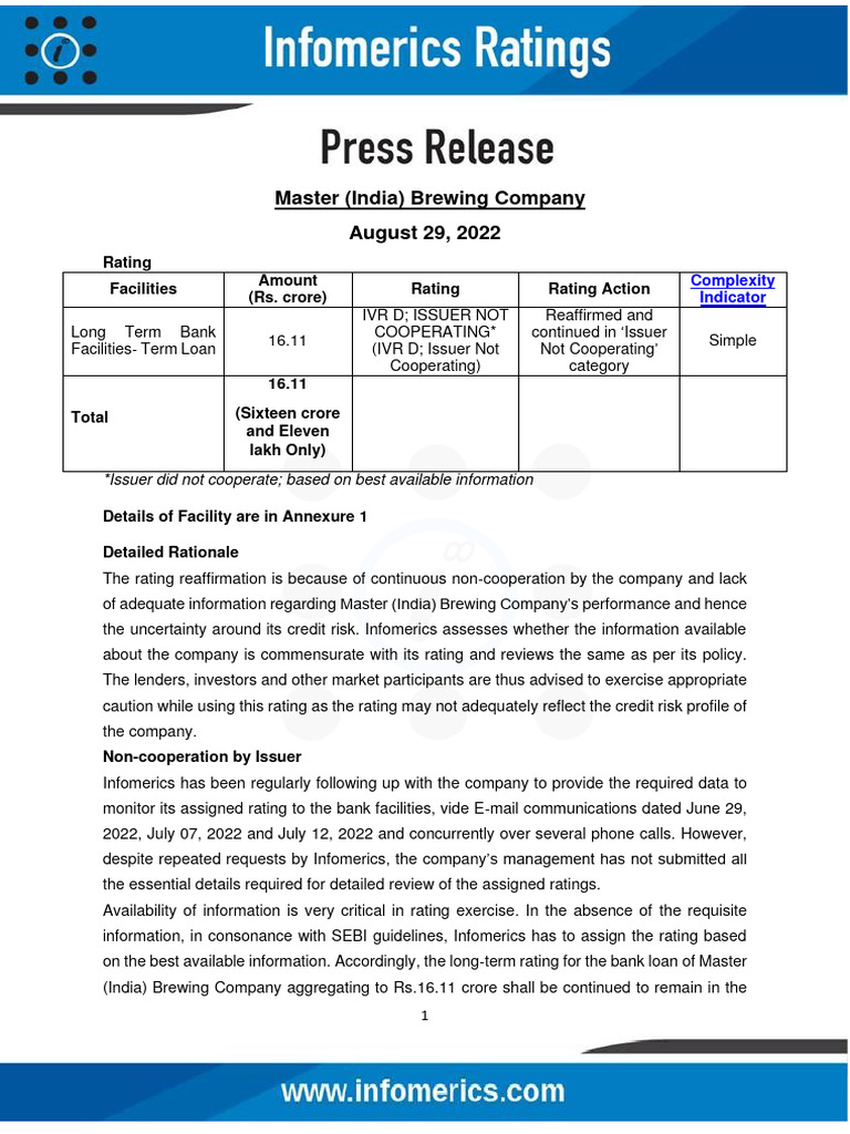 PR Master India Brewing 29aug22 | PDF | Securities (Finance) | Credit
