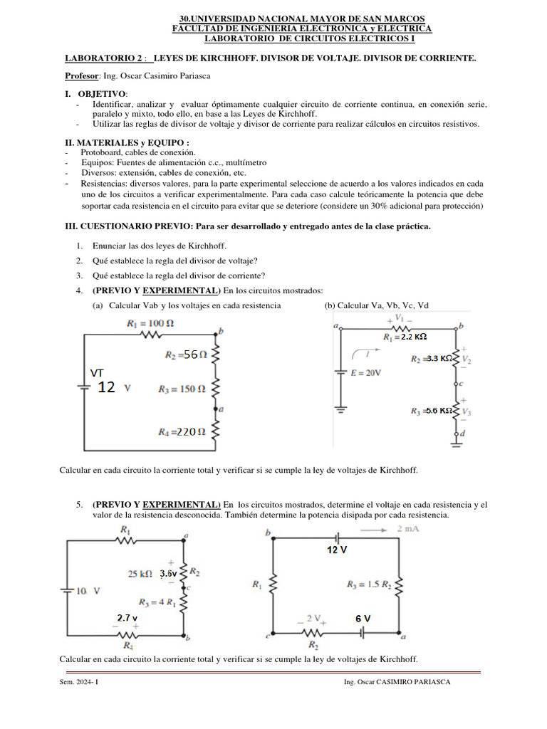 Lab 2-2024-1 - Circuitos Electricos I - Leyes de Kirchhoff. Divisor de ...