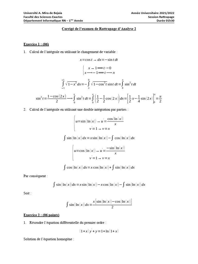 Corrigé Examen Rattrapage Analyse 2 | PDF | Calcul différentiel | Calcul