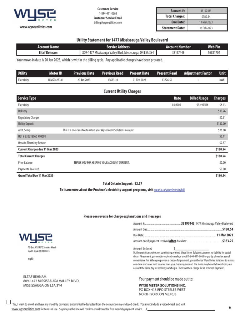 Utility Bill for Eltaf Behnam | PDF | Tax Refund | Cheque