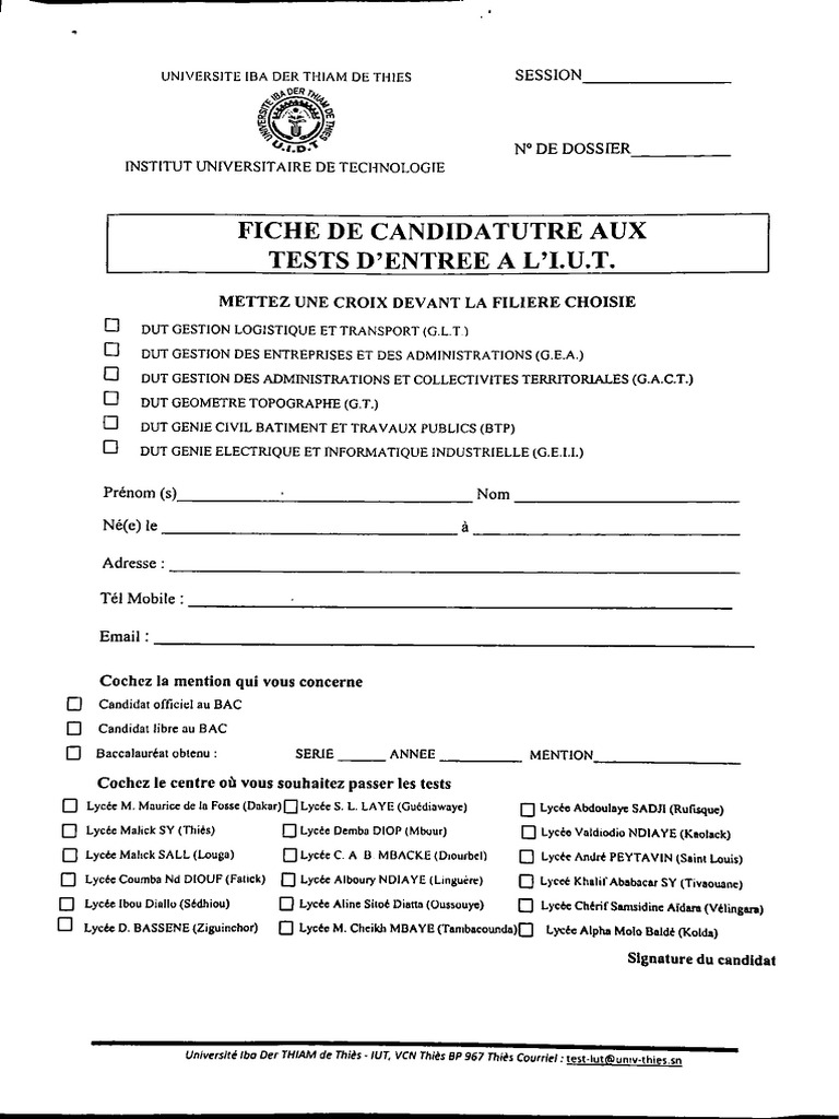 Fiche de candidature concours iut 2024 | PDF