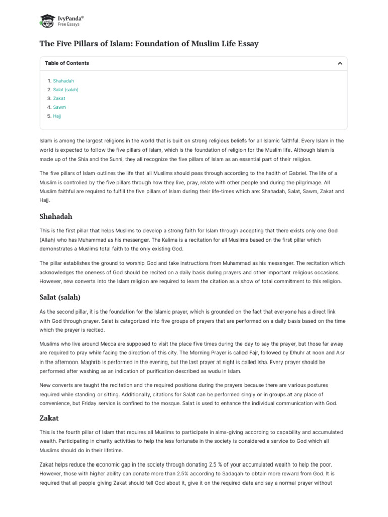 The Five Pillars of Islam - 819 Words - Essay Example | PDF | Hajj | Sharia