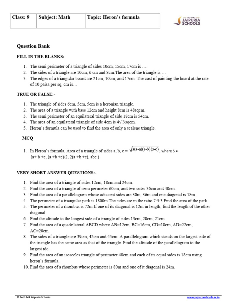 G9_Math_Heron_s Formula_QS | PDF | Area | Geometry