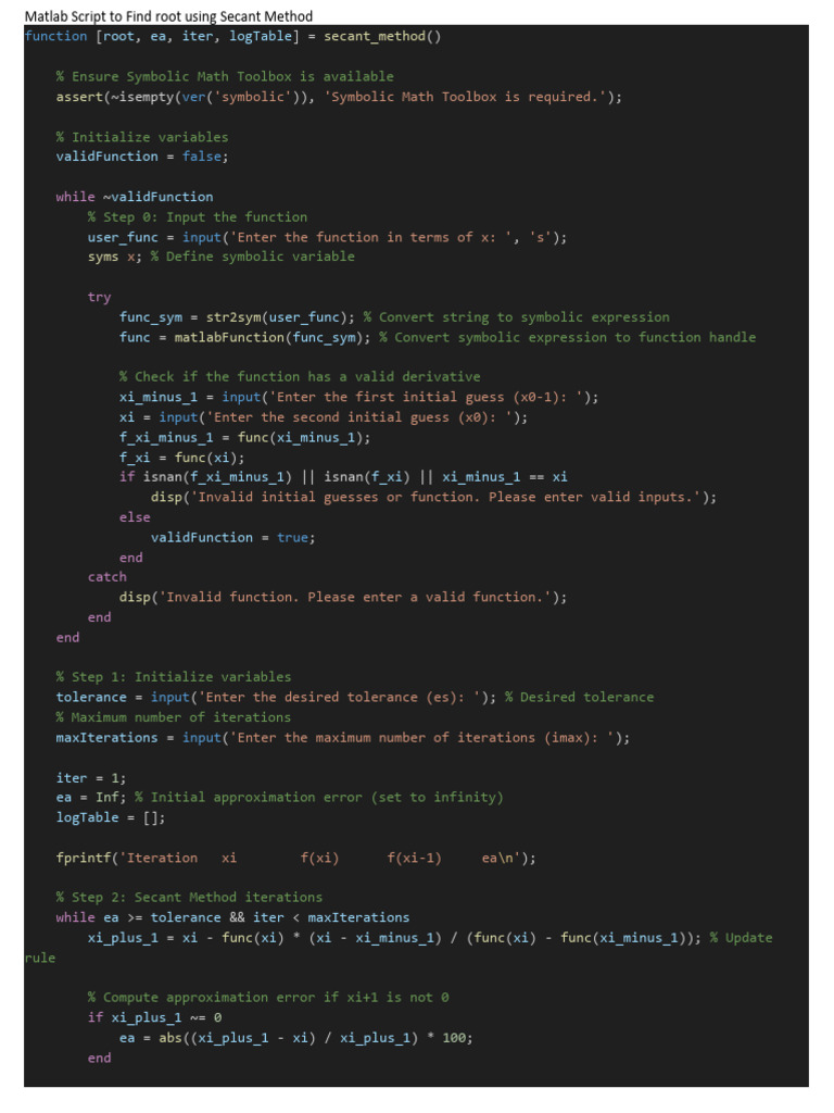 Matlab Script To Find Root Using Secant Method Pdf Computer Programming Mathematics Of