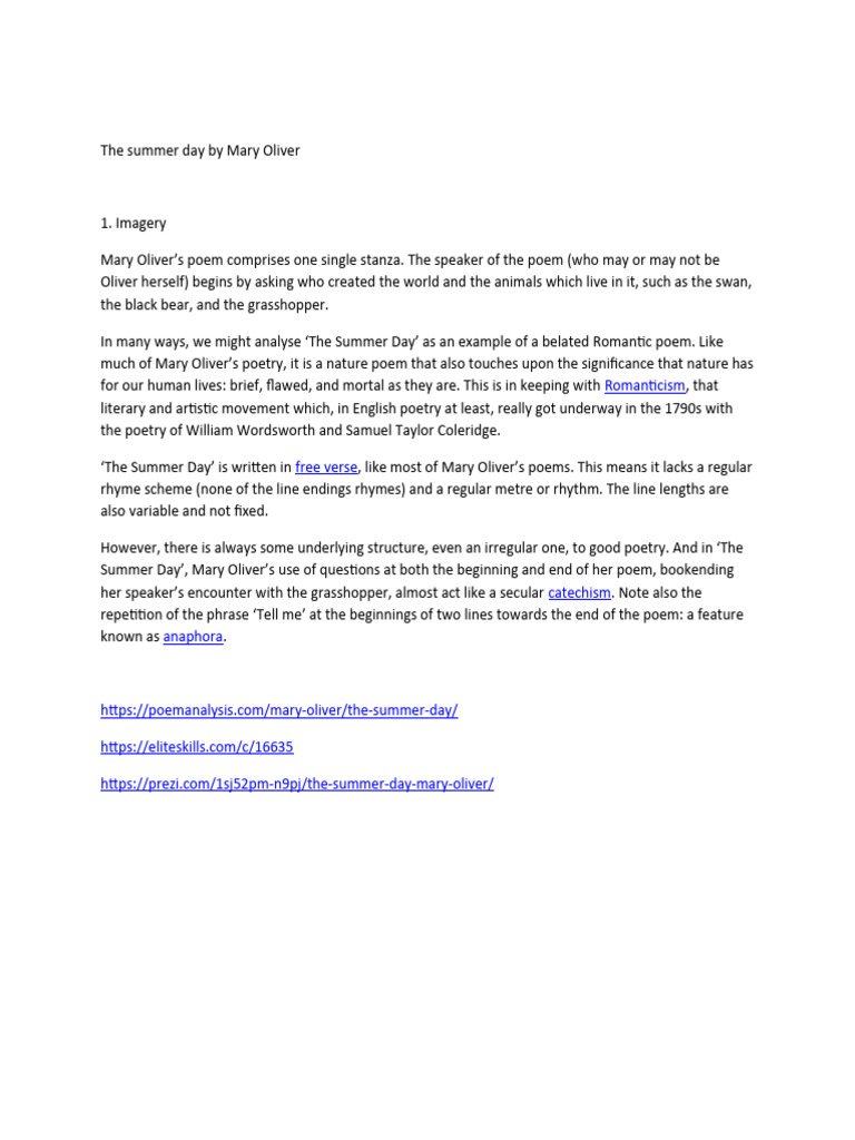 The Summer Day by Mary Oliver | PDF | Poetry