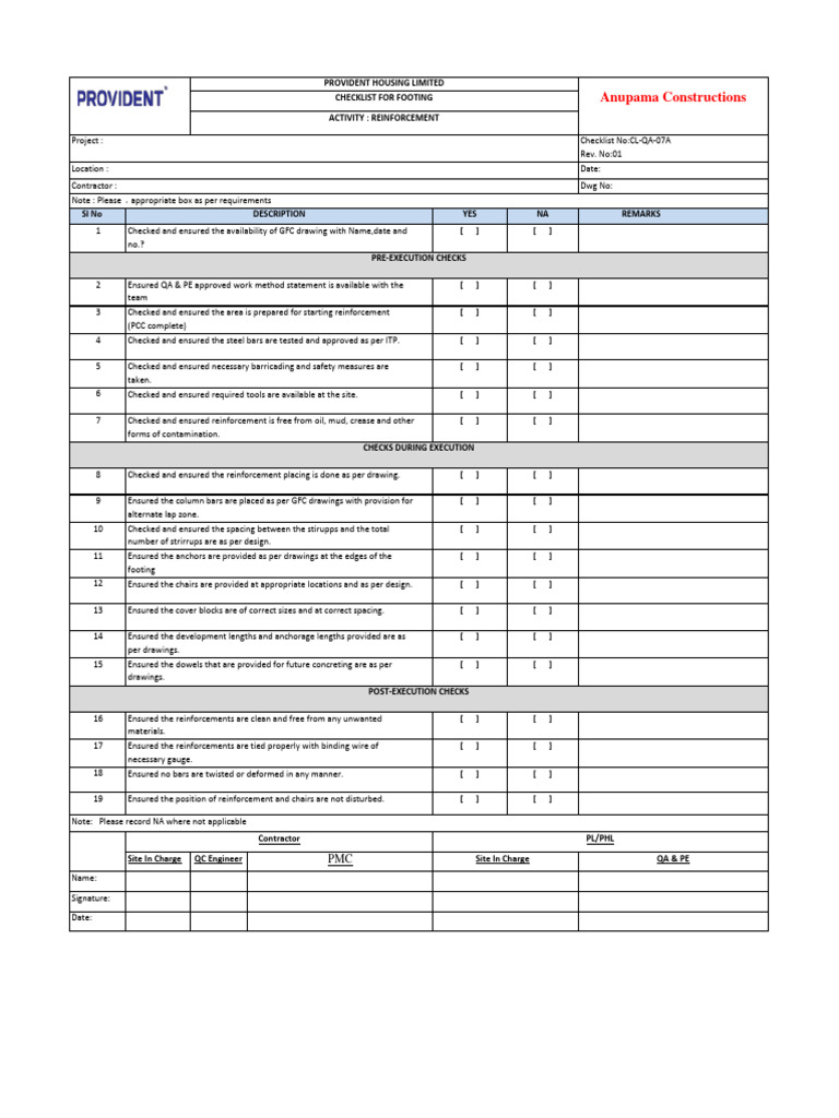 Footing Reinforcement Checklist | PDF