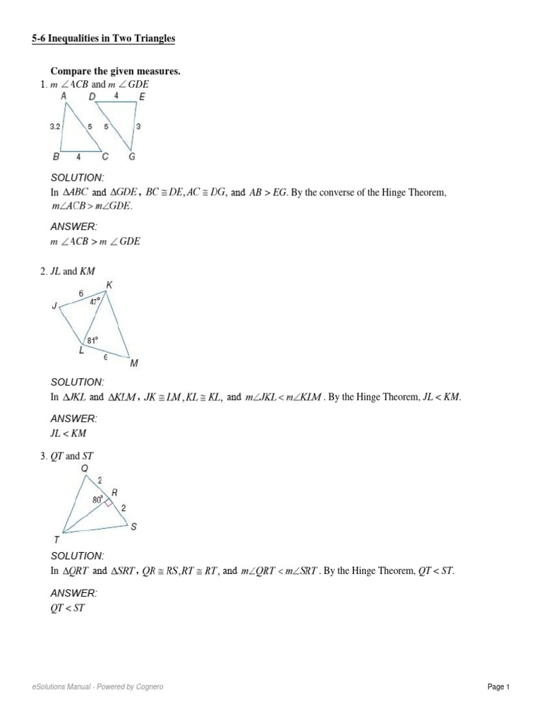 5-6 Inequalities in Two Triangles Solutions | PDF | Triangle ...