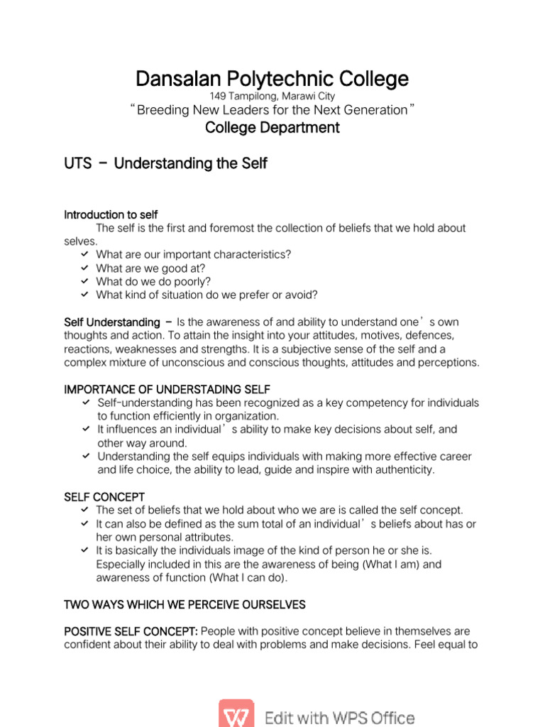 Uts 1 | PDF | Philosophy Of Self | Self Concept