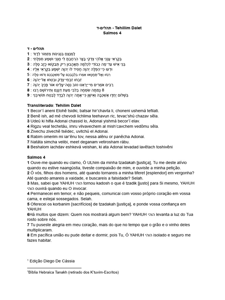 Salmos 4 - תהלים-ד - Tehilim Dalet | PDF | Ketuvim | Conteúdo bíblico