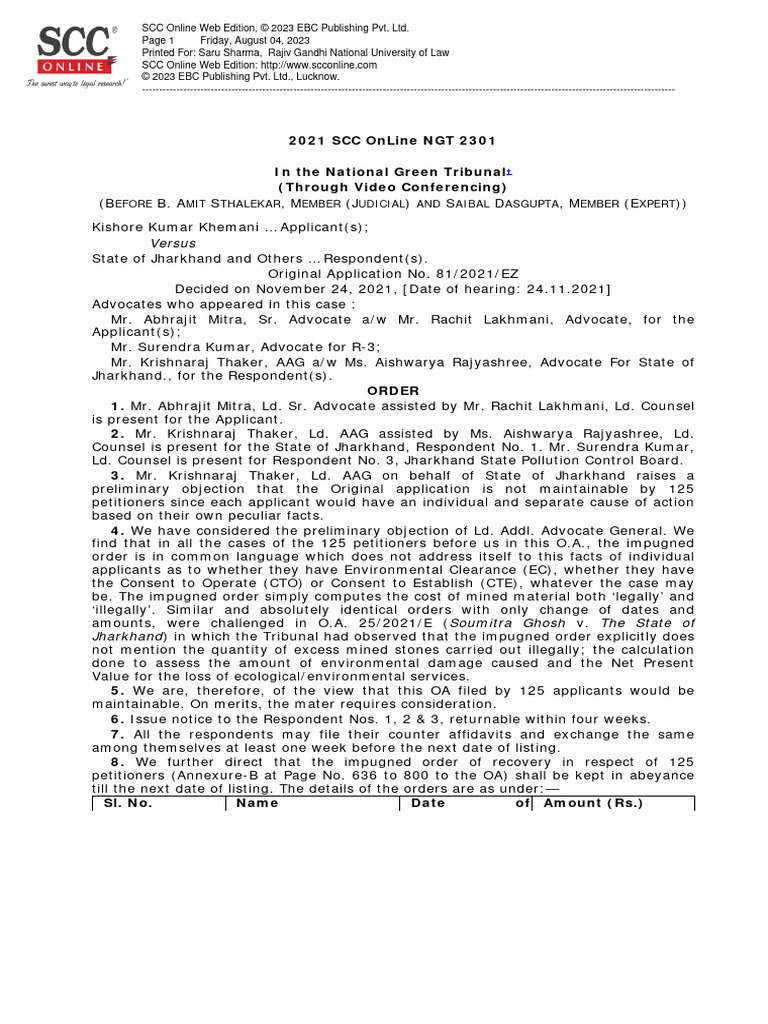 Kishore Kumar Khemani v. State of Jharkhand, 2021 SCC OnLine NGT 2301 ...
