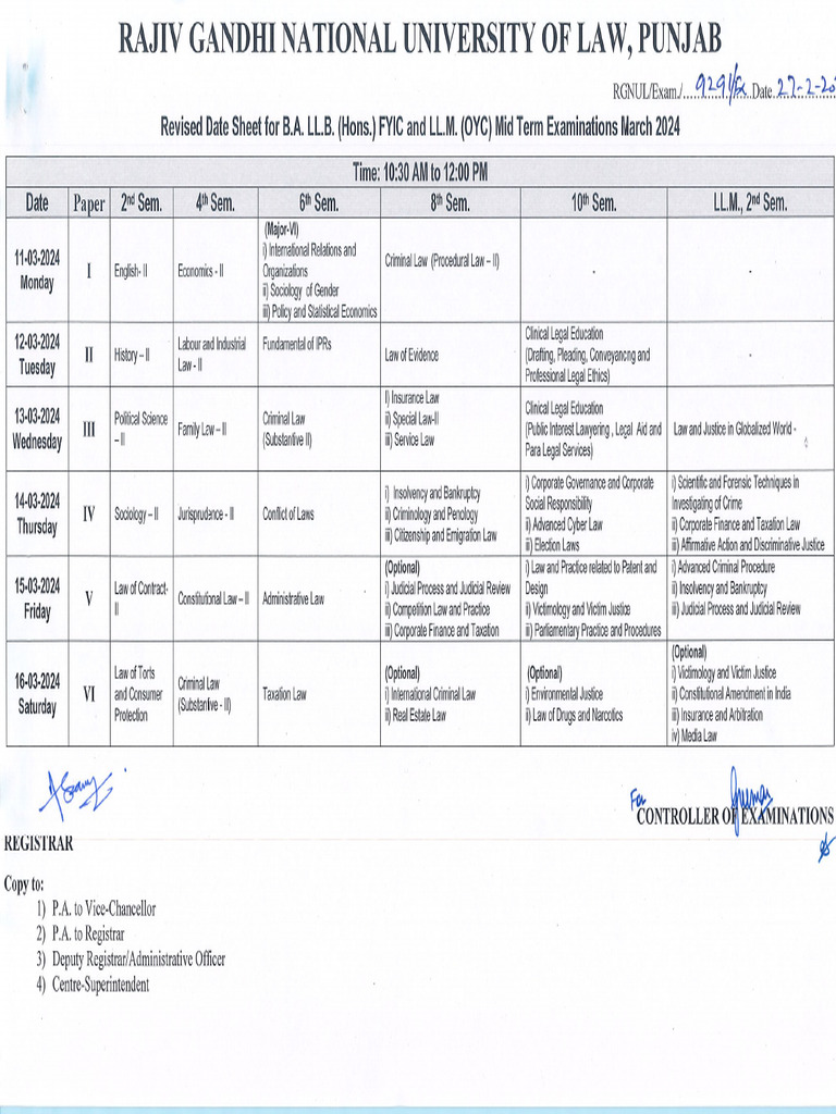 Revised Date Sheet Mid Term Exam | PDF