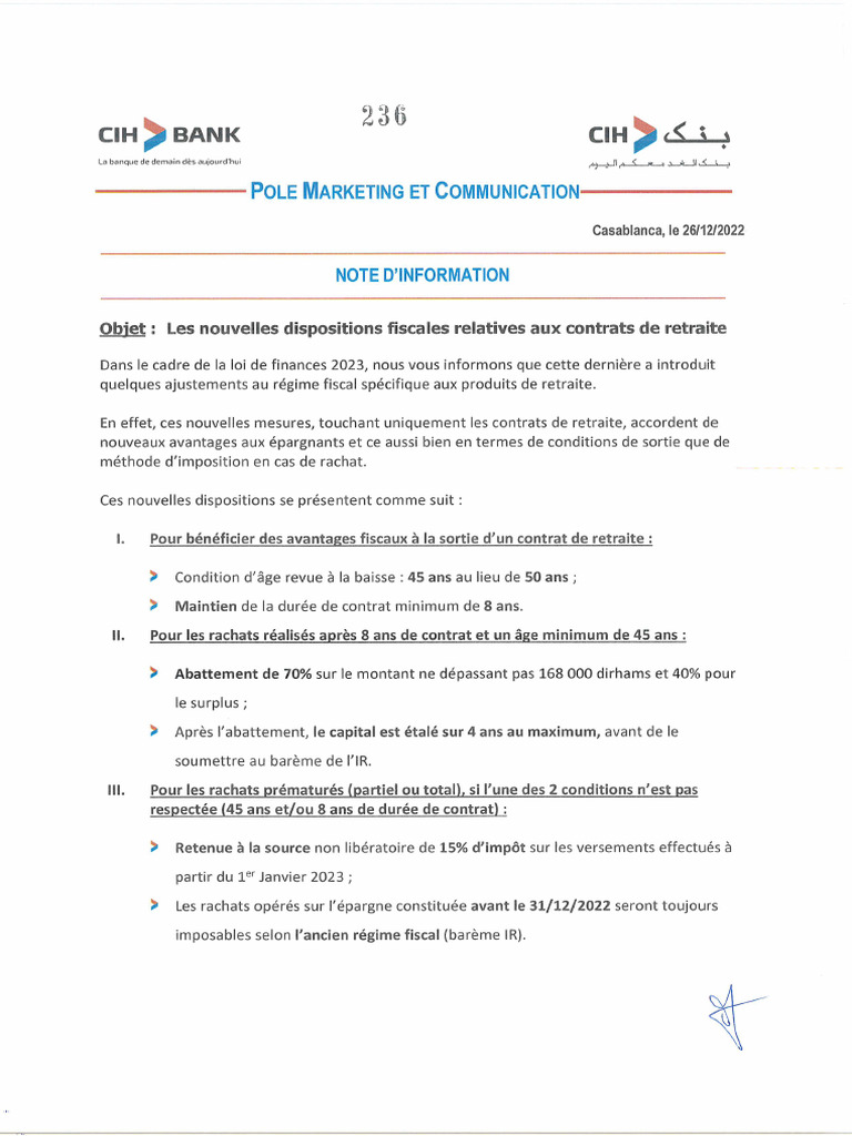 Les Nouvelles Dispositions Fiscales Relatives Aux Contrats de Retraite 2023 - CIH BANK | PDF