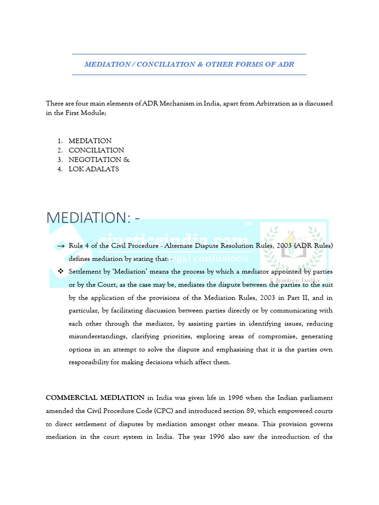 MODULE V - MEDIATION - CONCILIATION & OTHER FORMS OF ARD | PDF ...