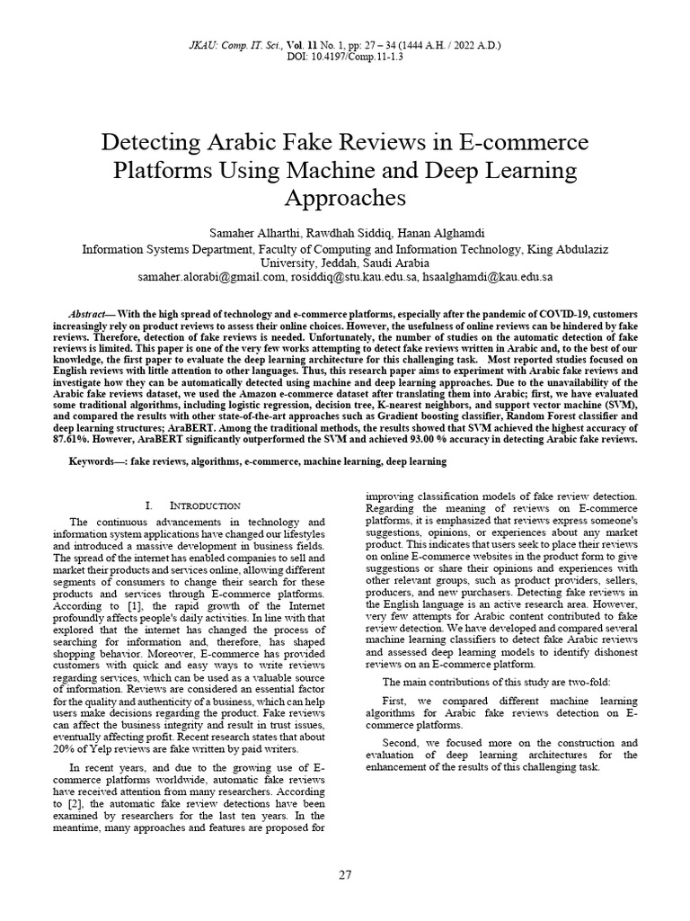 Detecting Arabic Fake Reviews in E-Commerce Platforms Using Machine and ... Detecting Arabic Fake Reviews in E-Commerce Platforms Using Machine and ...