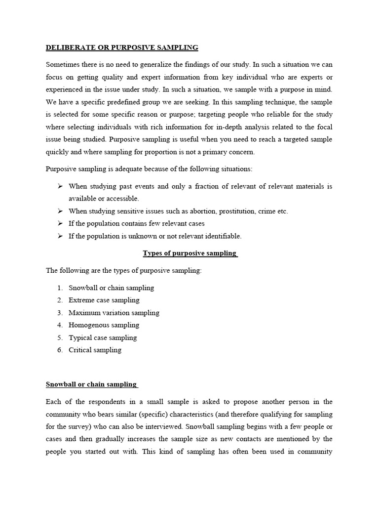 Deliberate or Purposive Sampling | PDF | Sampling (Statistics) | Cognition Deliberate or Purposive Sampling | PDF | Sampling (Statistics) | Cognition