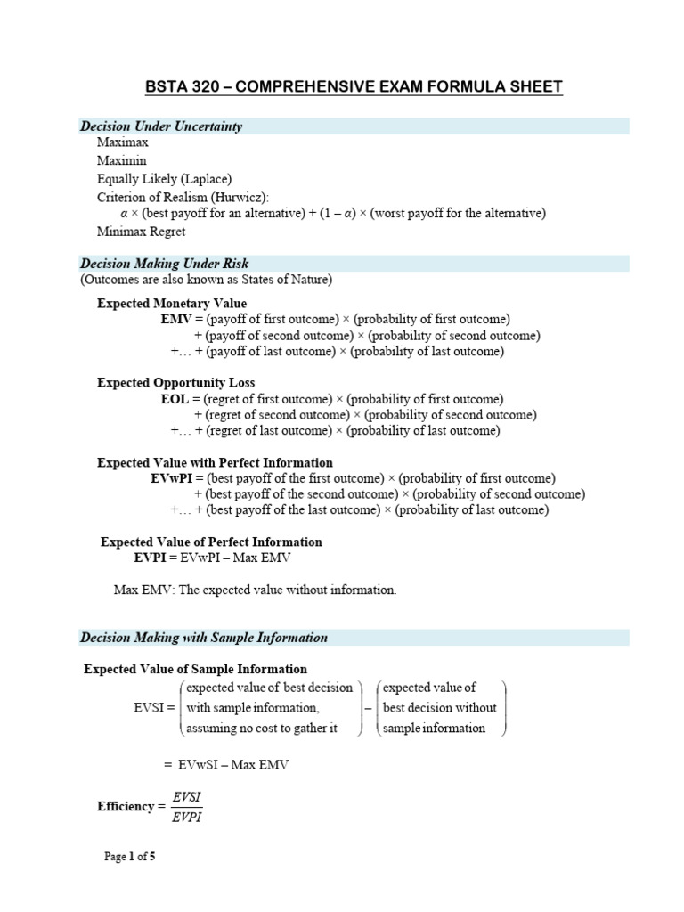 BSTA 320 Comprehensive Exam Formula Sheet | PDF | Errors And Residuals | Coefficient Of ...
