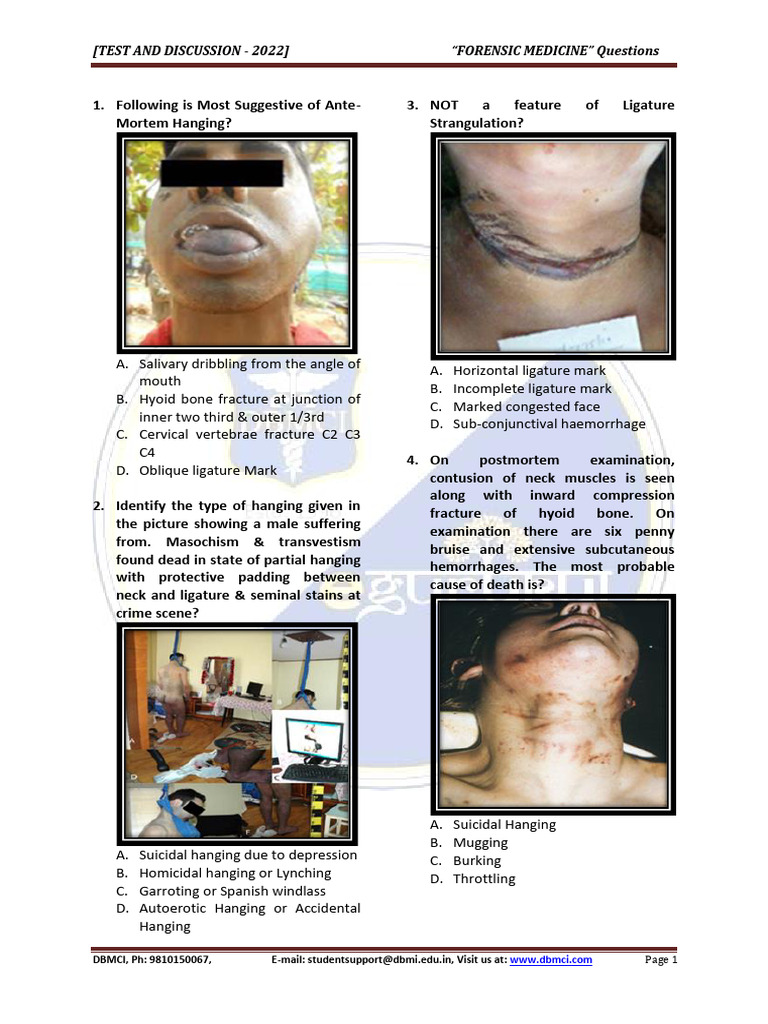 Forensic Medicine - T & D - (Questions) | PDF | Coroner | Autopsy
