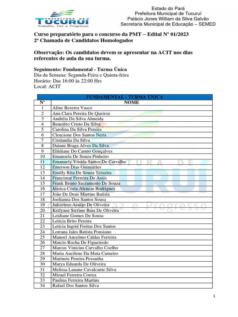 2a Chamada Cursinho Preparatorio Da PMT | PDF