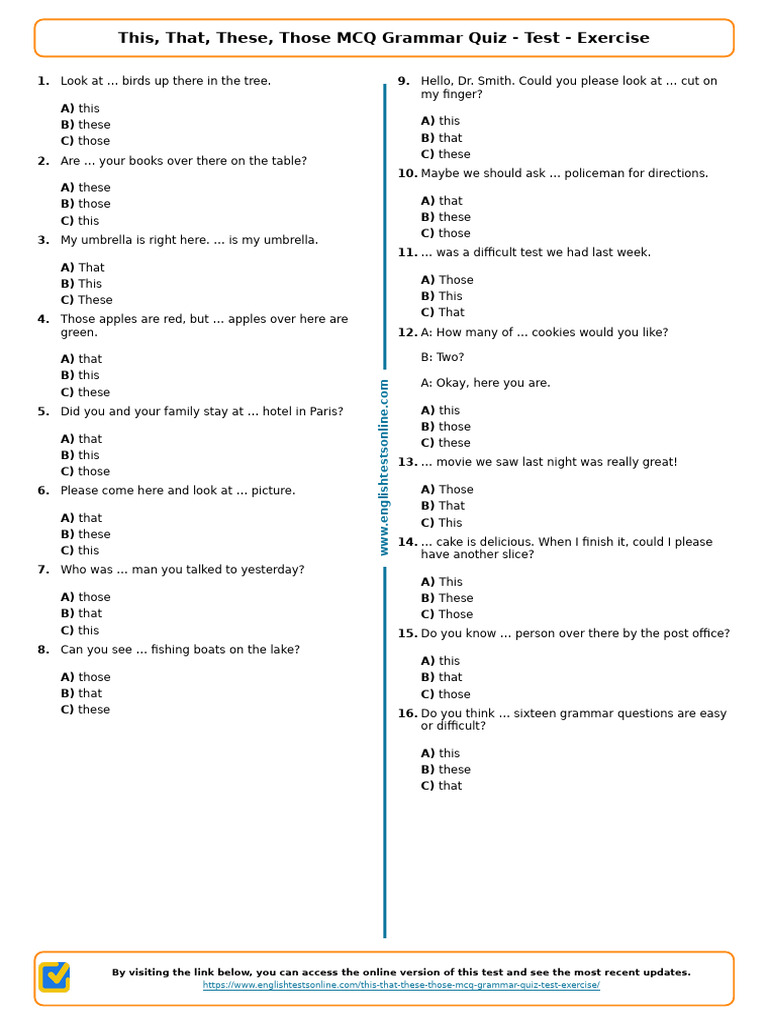 Demonstrative Pronouns MCQ Quiz | PDF