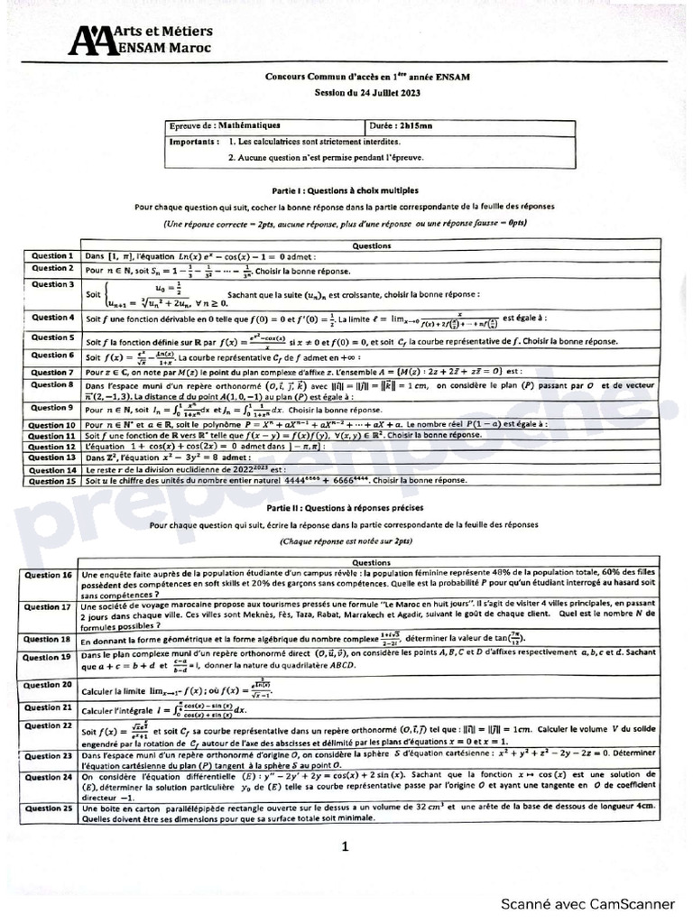 Exemple Concours ENSAM 2023 Maths | PDF