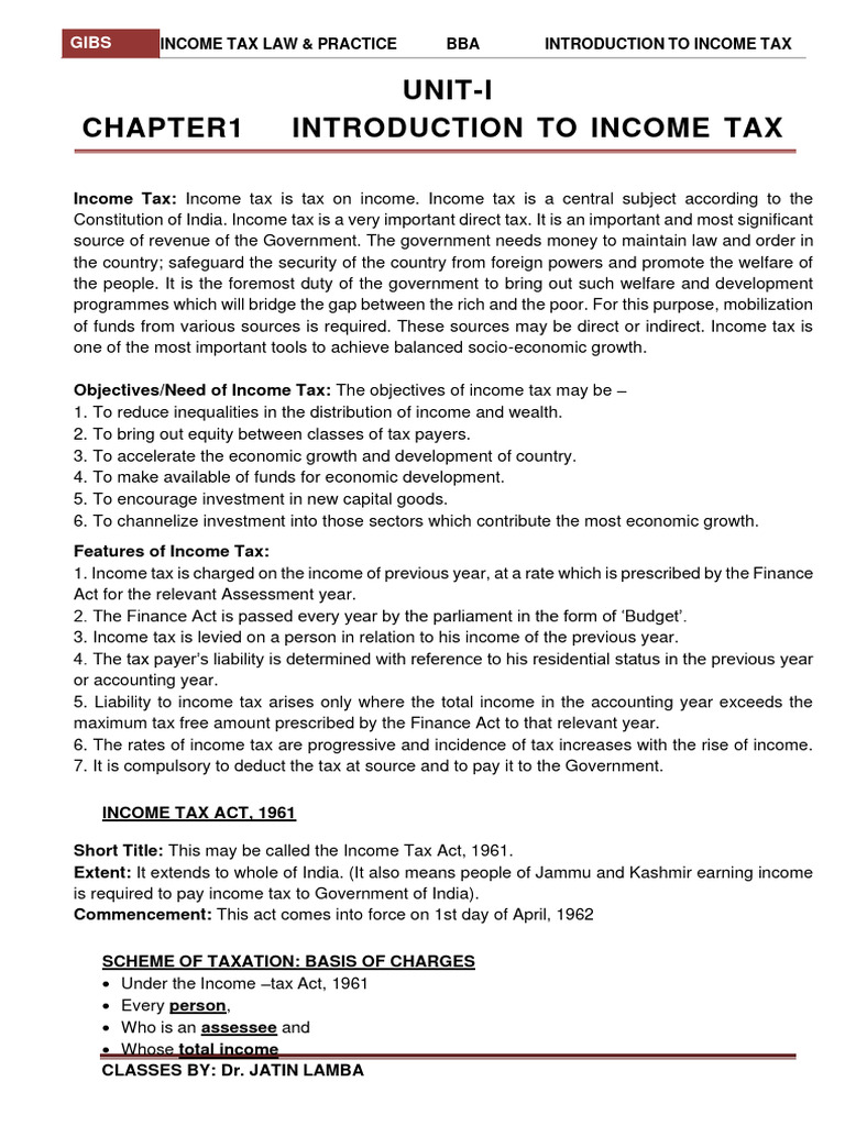 Unit-I Introduction To Income Tax | PDF | Taxes | Income