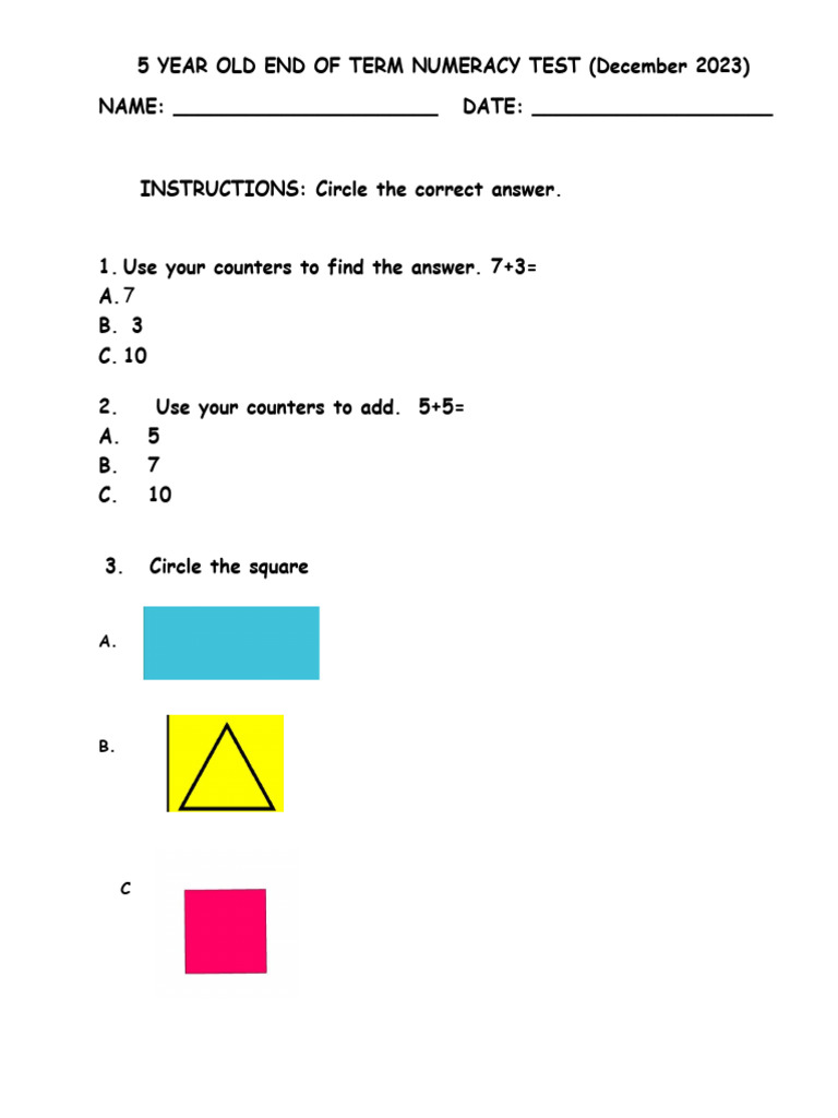 5 Year Old End of Term Numeracy Test 2023 | PDF