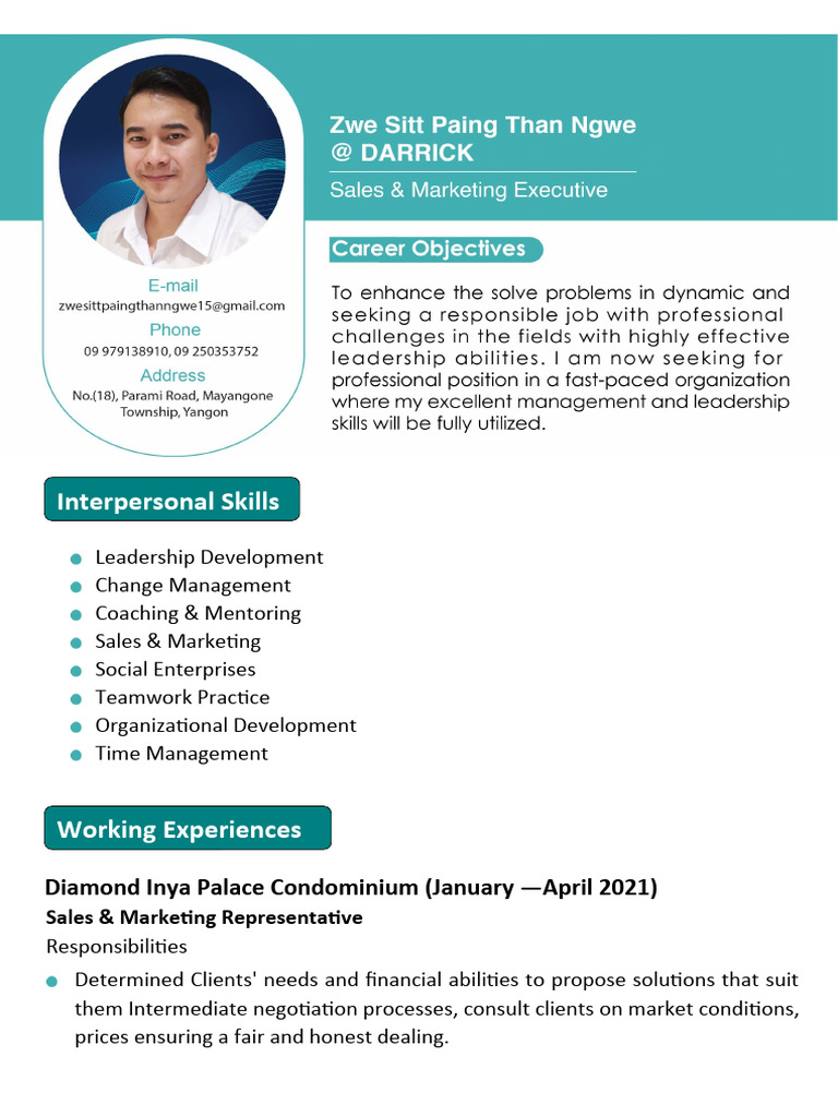 Zwe Sitt Paing Than Ngwe's Resume | PDF | Sales | Insurance