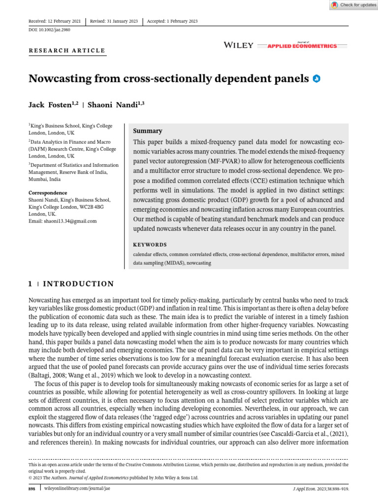 J Of Applied Econometrics 2023 Fosten Nowcasting From Cross Sectionally Dependent Panels