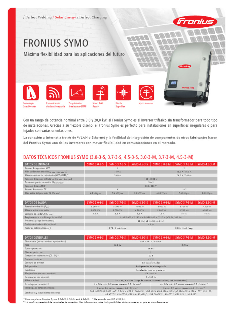 SE DS Fronius Symo ES | PDF | Ingenieria Eléctrica | Electricidad