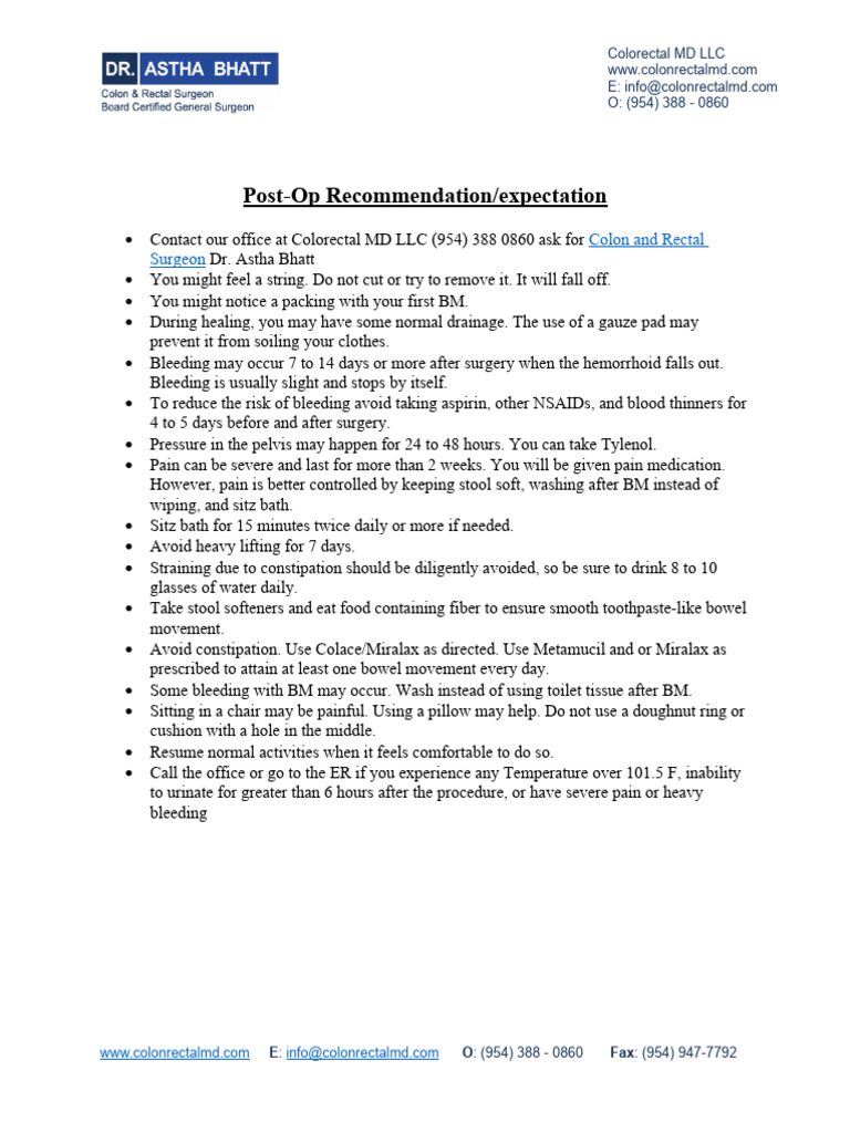 Post Op Hemorrhoidectomy Instructions | PDF | Hemorrhoid | Colorectal ...