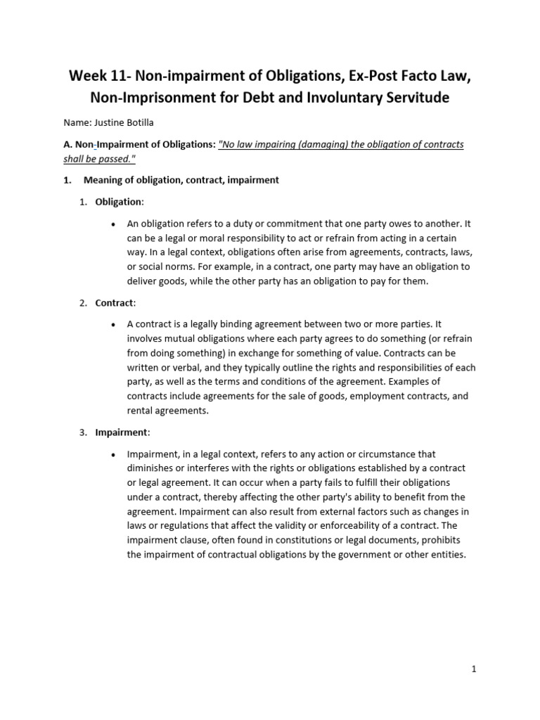 Week 11 - Non-Impairment of Obligations, Ex-Post Facto Law, Non ...