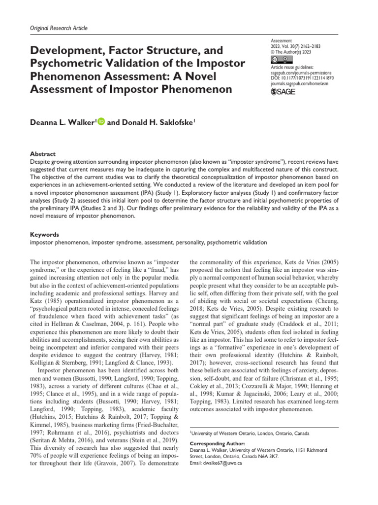 Development, Factor Structure, and - Psychometric Validation of The Impostor - Phenomenon ...