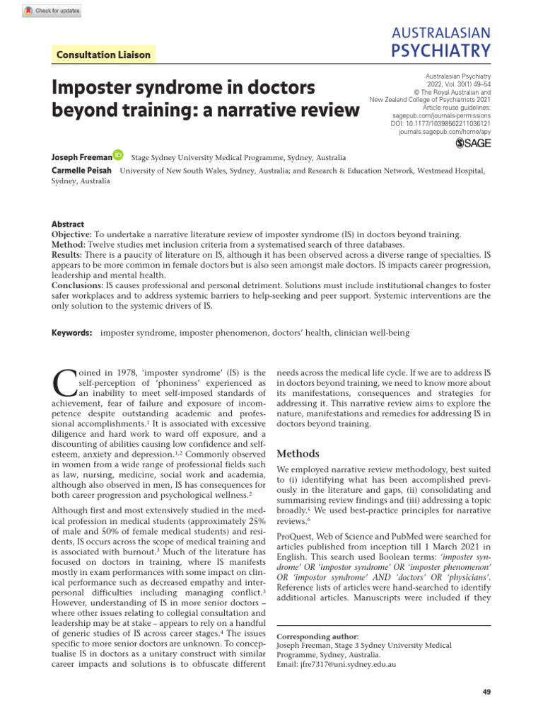 Imposter Syndrome in Doctors Beyond Training A Narrative Review | PDF ...