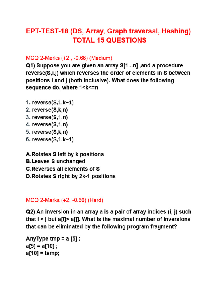 TEST-18 (DS, Array, Graph Traversal, Hashing) | PDF | Algorithms And ...
