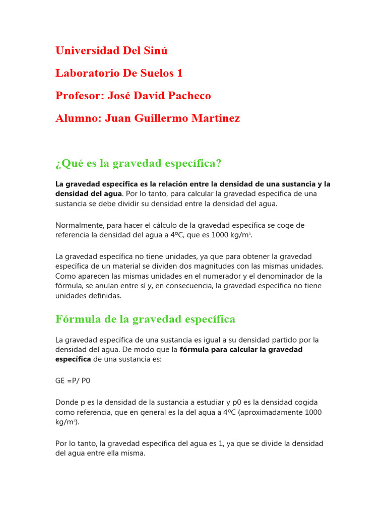 Gravedad Específica: Conceptos Clave | PDF | Densidad | Kilogramo