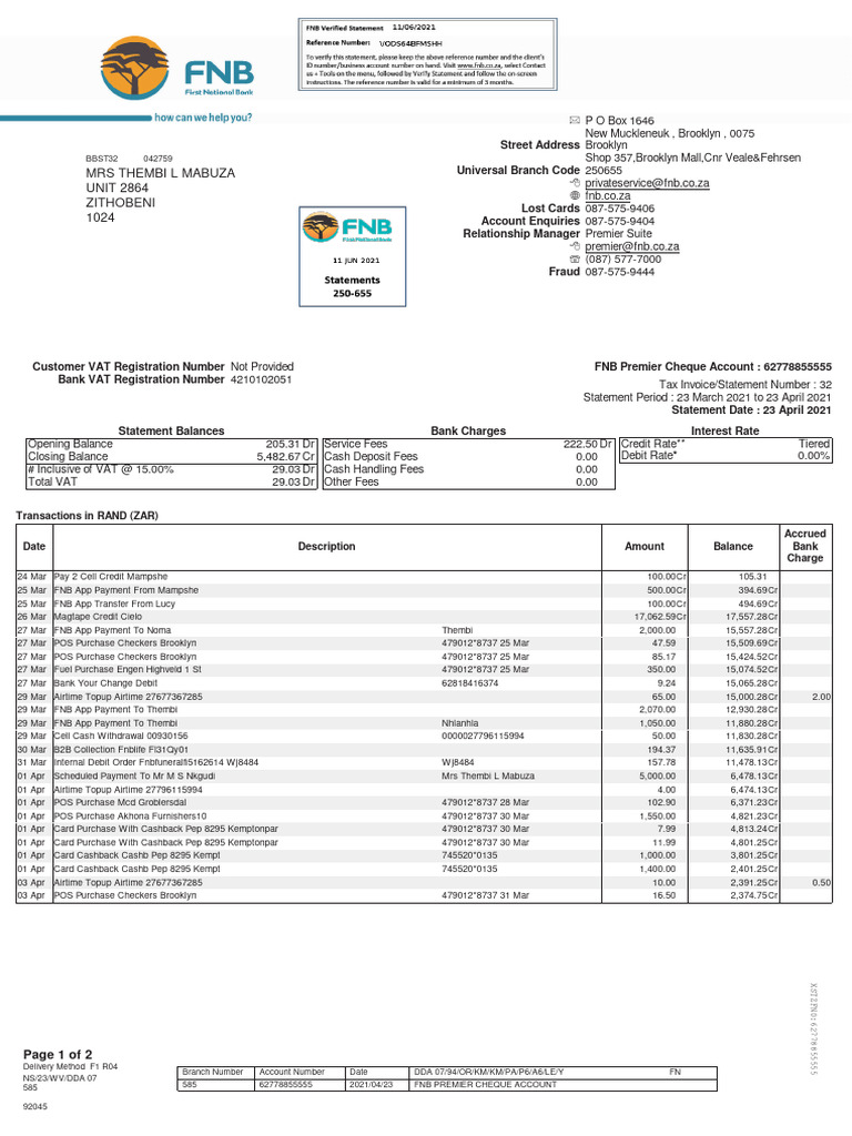 Mrs Thembi L Mabuza UNIT 2864 Zithobeni 1024: Transactions in RAND (ZAR ...