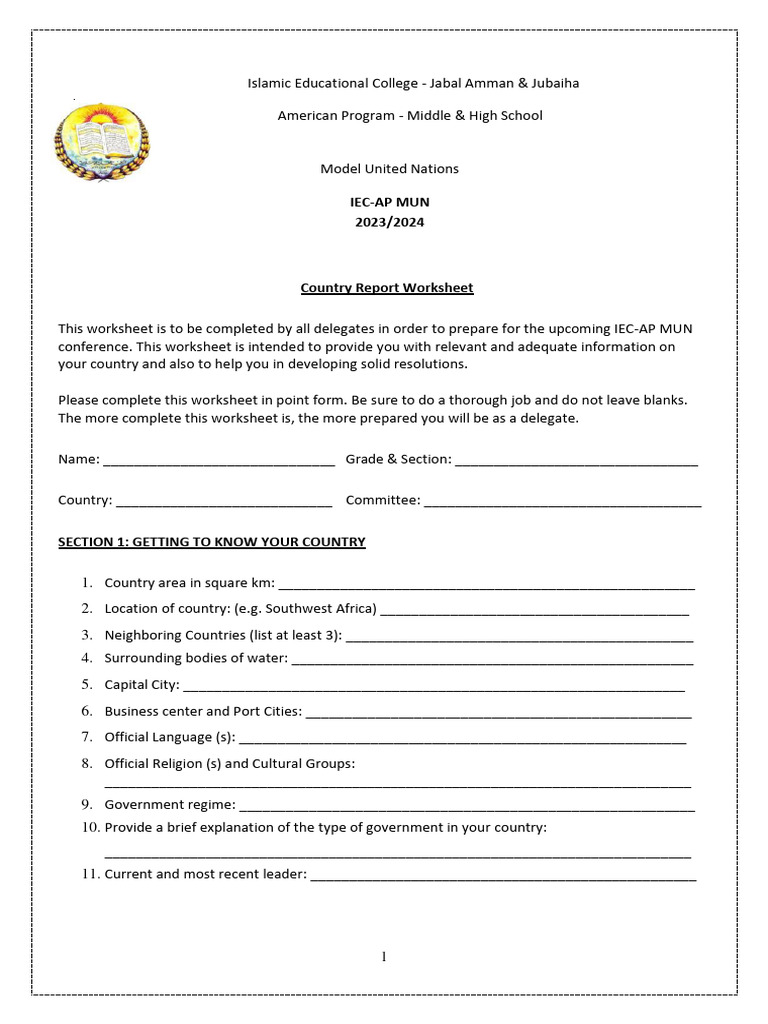 MUN Country Report Worksheet Template | PDF | United Nations ...
