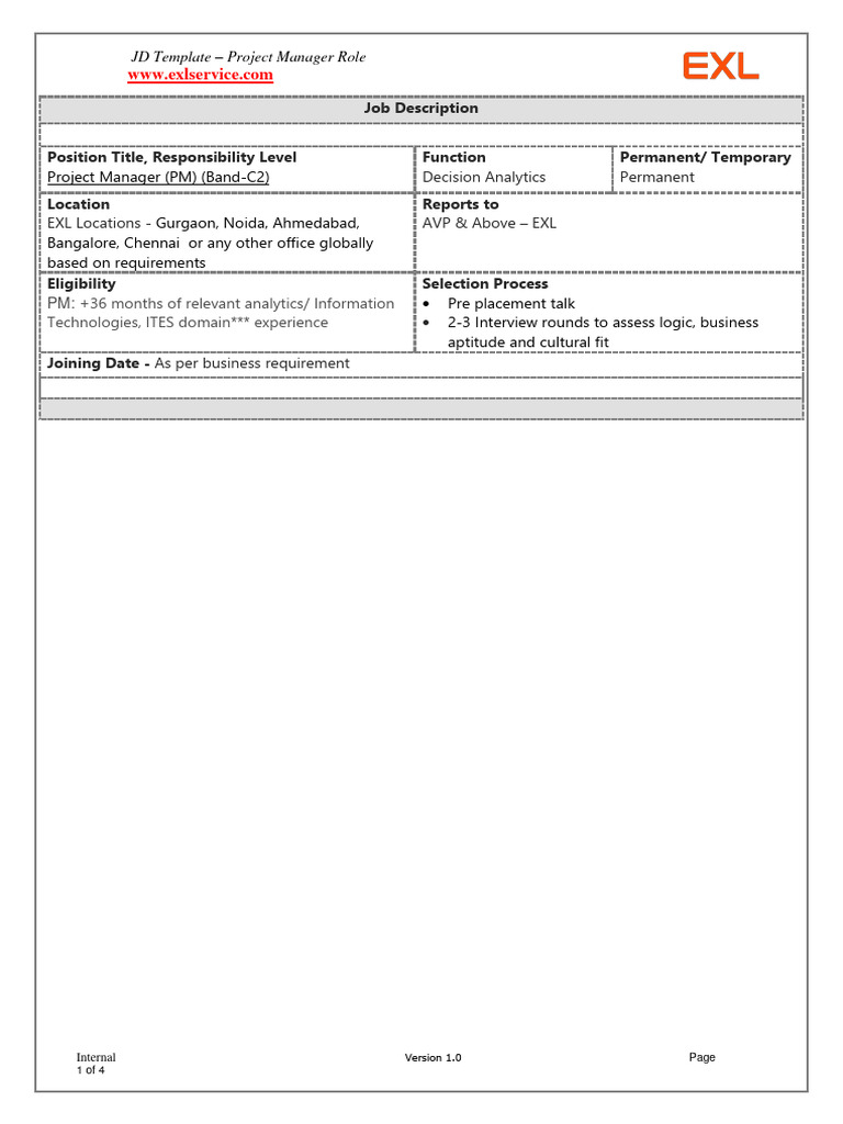 JD Template - Project Manager Role: Decision Analytics Permanent EXL ...