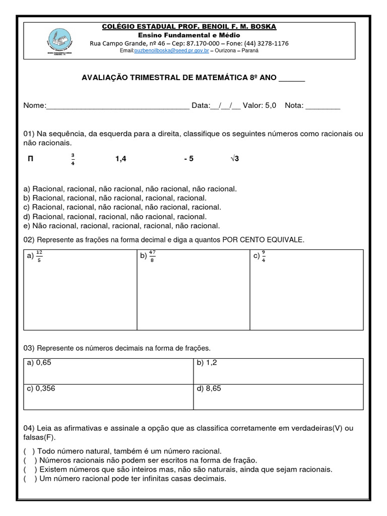 Prova 8 Ano 1 Trim PDF N mero Racional Decimal