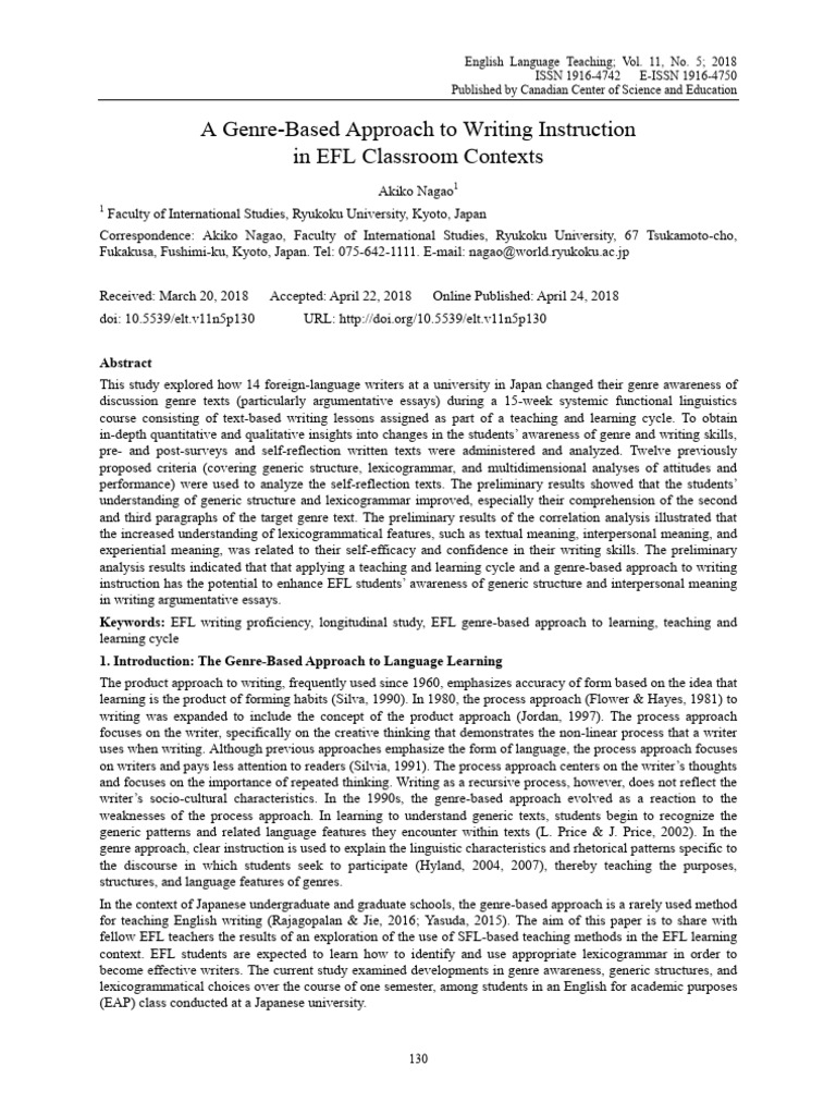 A Genre-Based Approach To Writing Instruction in EFL Classroom Contexts ...