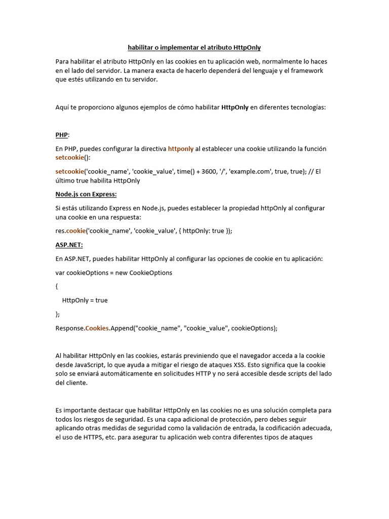 Habilitar atributo HttpOnly en cookies | PDF