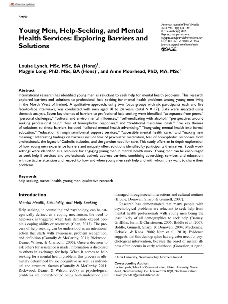 Lynch Et Al 2016 Young Men Help Seeking and Mental Health Services Exploring Barriers and ...