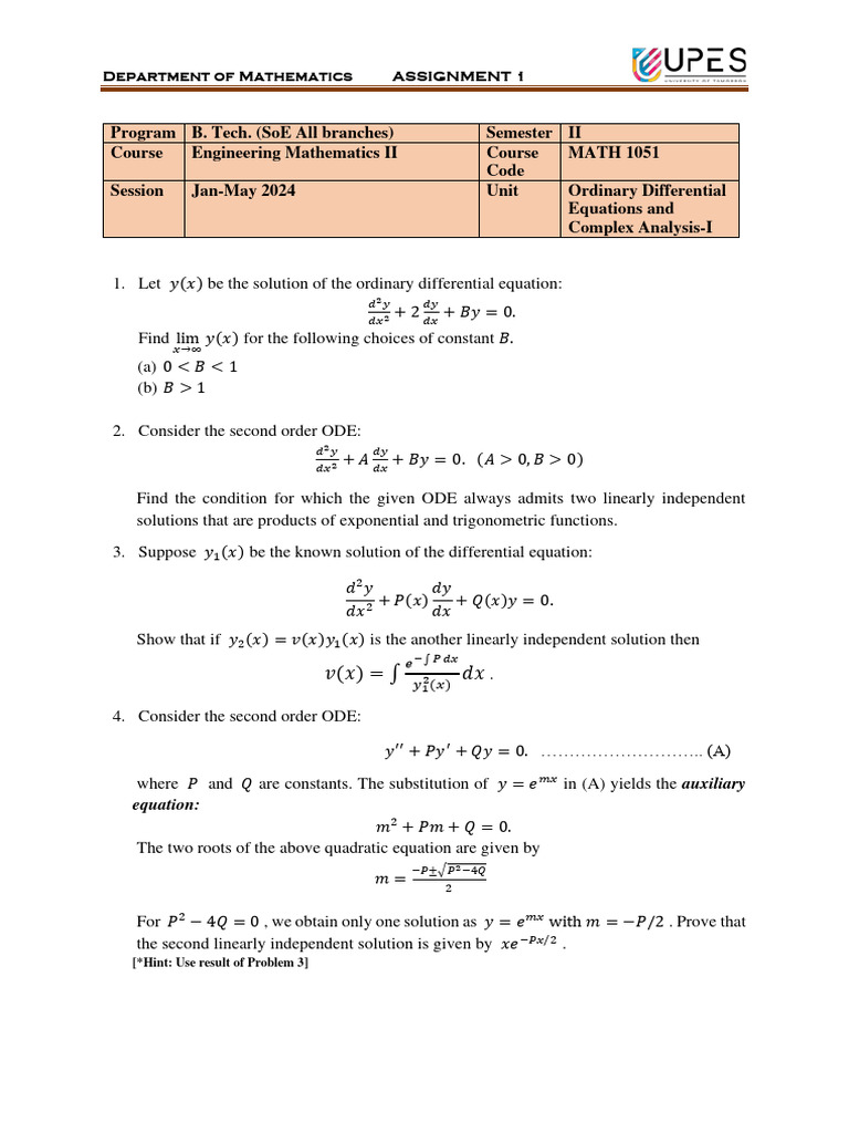 Assignment-1 MATH-1051 EM-II | PDF | Ordinary Differential Equation | Equations