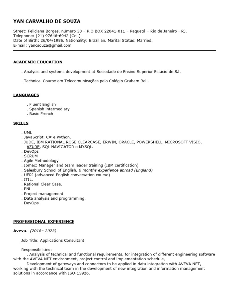 Curriculum Vitae Ingles (Yan de Carvalho Souza) | PDF | Enterprise Resource Planning ...