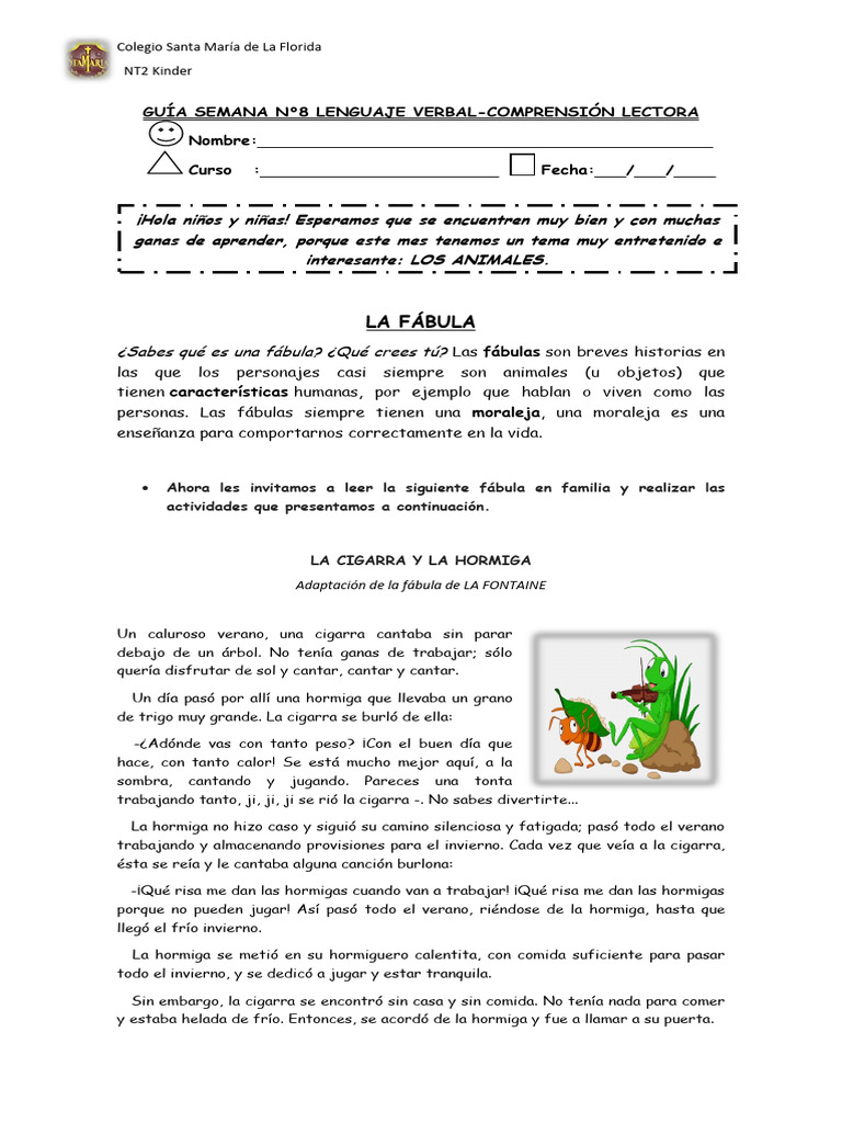 Kinder Comprensión Lectora Semana N 8 Marilu Ramírez Pdf Fábula