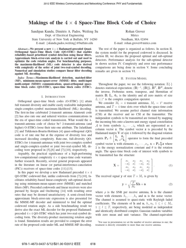 4x4 Quasi-Orthogonal Space-Time Code | PDF | Telecommunications | Electronics