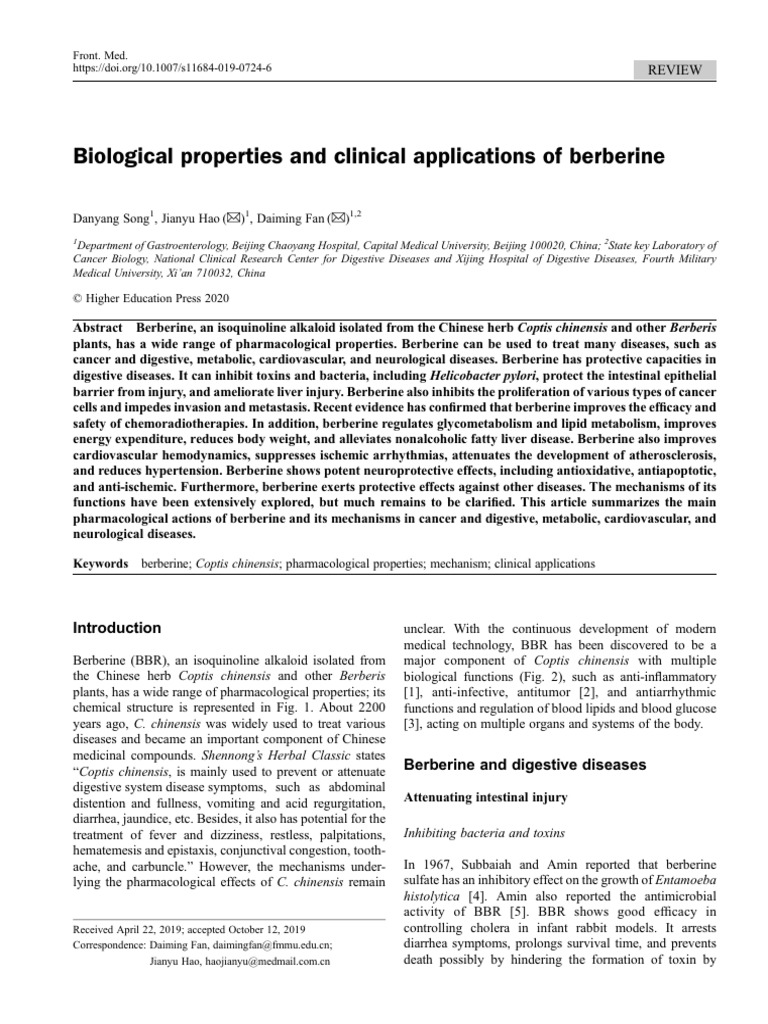 Biological Properties and Clinical Applications of Berberine | PDF | Apoptosis | Reactive Oxygen ...